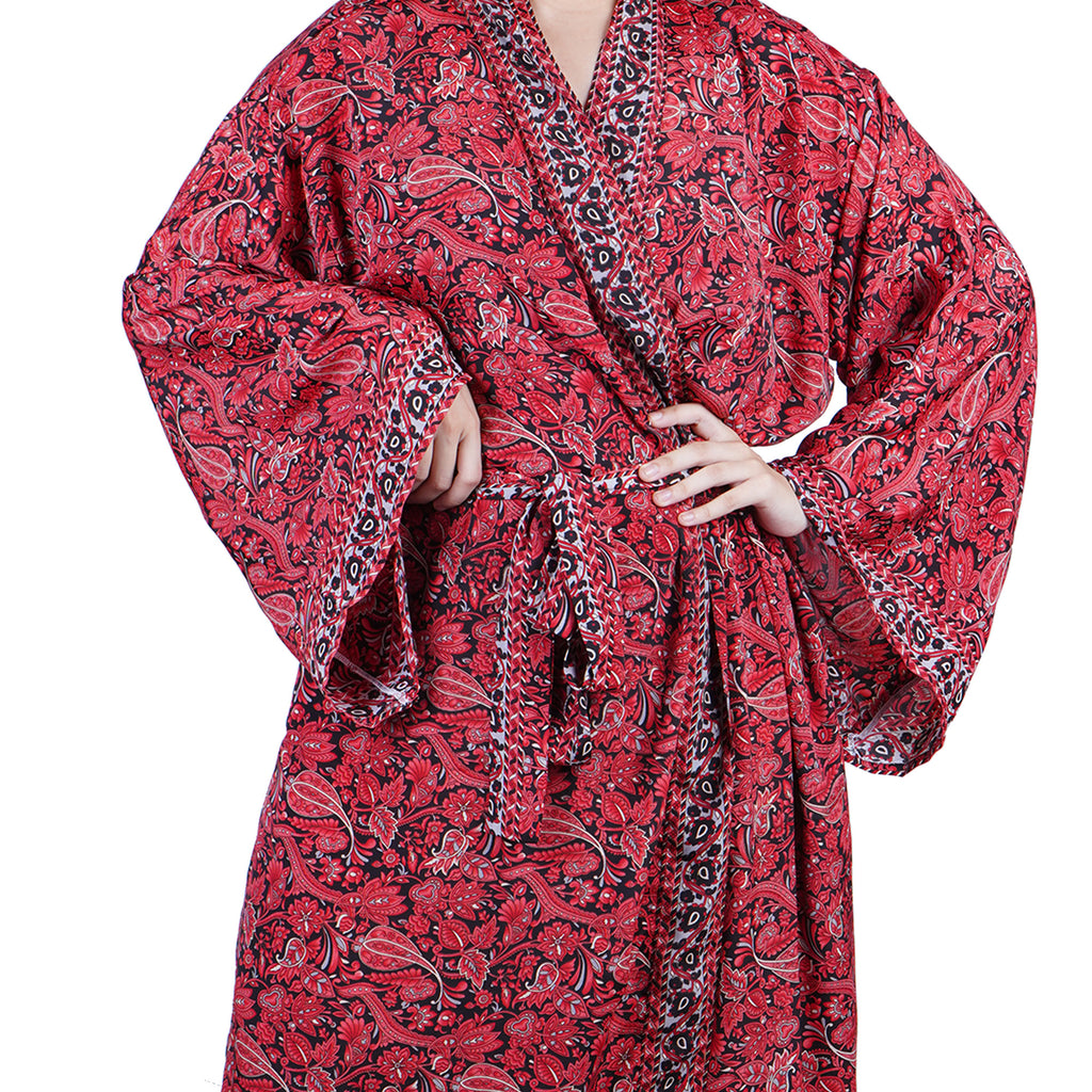 New Luxury Silk Boho Kimono House Robe - Red Black Floral – Kantha Decor