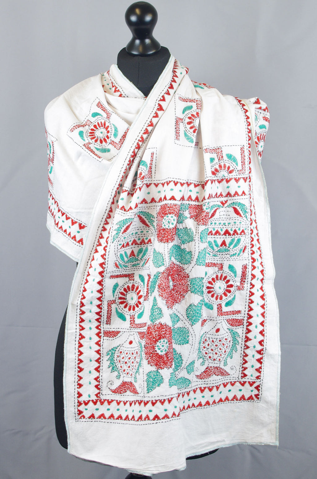 Embroidred Cotton Scarf - Red Swastik Design – Kantha Decor